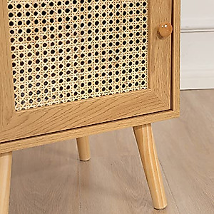 Xilingol Rattan Nightstand Set of 2, Boho Side Table with Handmade Rattan Decorated Door, Mid-Century Modern Nightstand with Open Storage Shelf for Bedroom, Living Room, Natural