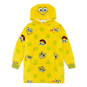 SpongeBob SquarePants Kids Wearable Hooded Blanket | Boys & Girls Yellow All Over Print Fleece Hoodie | Cozy Loungewear