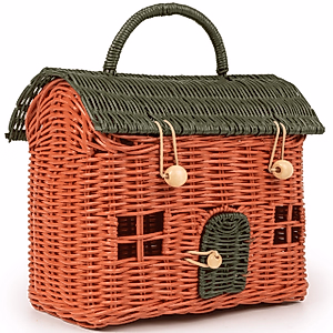 KOLWOVEN Rattan House Storage Basket with Lid - Mouse in a Box House- Small Doll house- Decorative Hand Woven Shelf Organizer Cute Handmade Handcrafted Gift Decoration Artwork Wicker (Moss green)