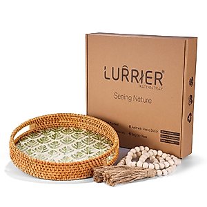 LURRIER Round Rattan Woven Serving Tray with Wood Bead Set, Decorative Coffee Table Tray with Handle, Serving Basket with Mother of Pearl Inlay Wooden Base, Display for Home,12in (Safari in Monstera)