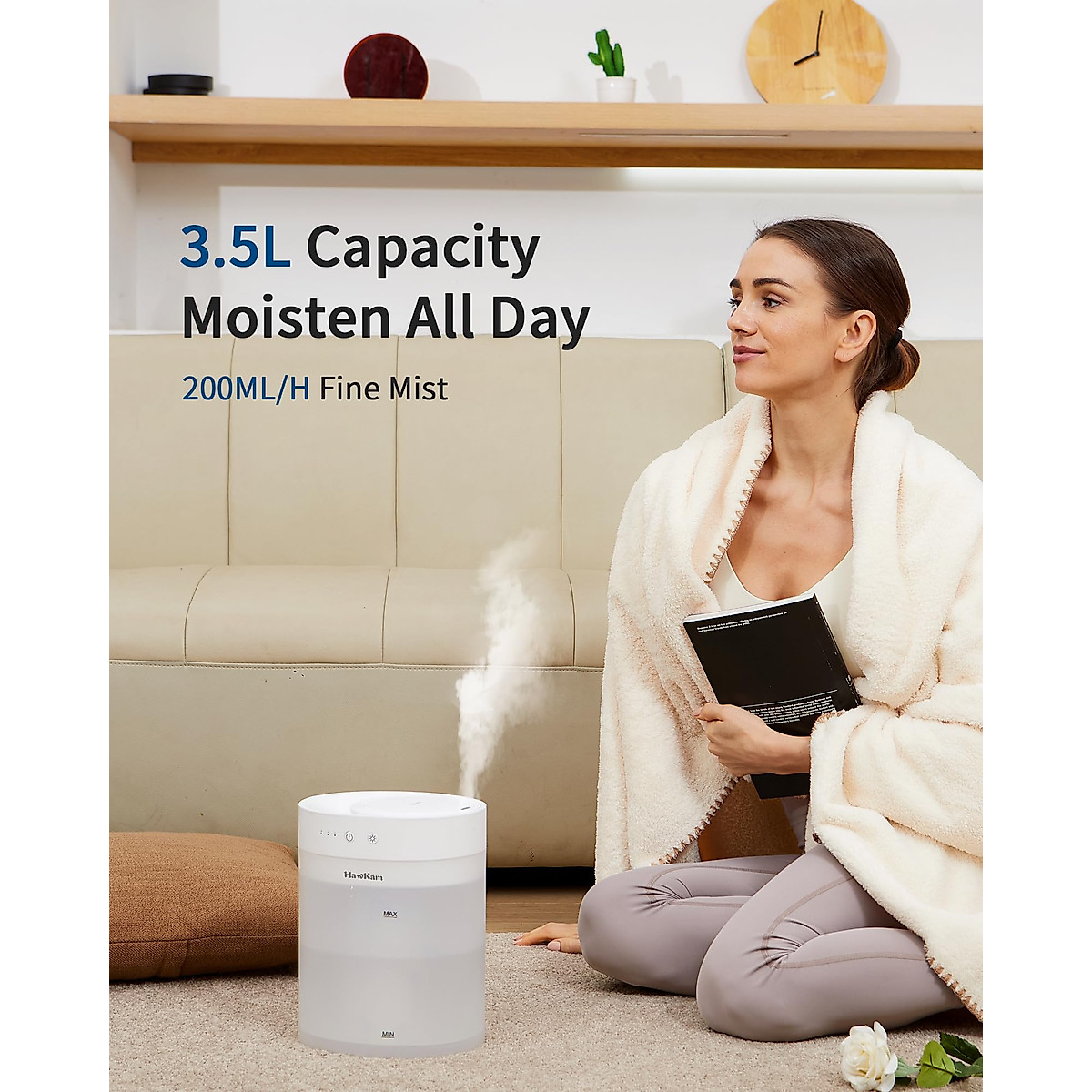 HawKam Humidifiers for Bedroom, 3.5L Cool Mist Humidifiers with Easy to Top Fill and Clean, Auto Shut-off, BPA-Free & 28H Runtime, Air Humidifier for Home Large Room Baby Nursery Plants & Offices