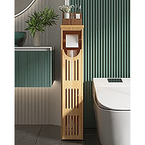 AmazerBath Small Bathroom Storage Cabinet Bamboo, Upgraded Toilet Paper Holder with Storage, Toilet Paper Storage Cabinet, Bathroom Organizers and Storage, Waterproof Coating, 33x7.3x6.5 Inches