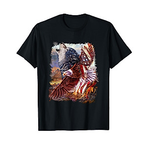 Wolf with Bald Eagle American Flag T-Shirt