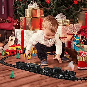 Electric Train Set for Kids- Battery- Powered Model Train with, Sounds& Lights Steam Locomotive Engine, Cargo Cars& Tracks- Christmas Train Sets for Under The Tree