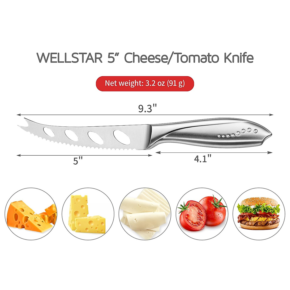 WELLSTAR Cheese Knife, Serrated Tomato Knife 5 Inch Sharp High Carbon Stainless Steel Blade for Cutting All Cheese Types – Silver