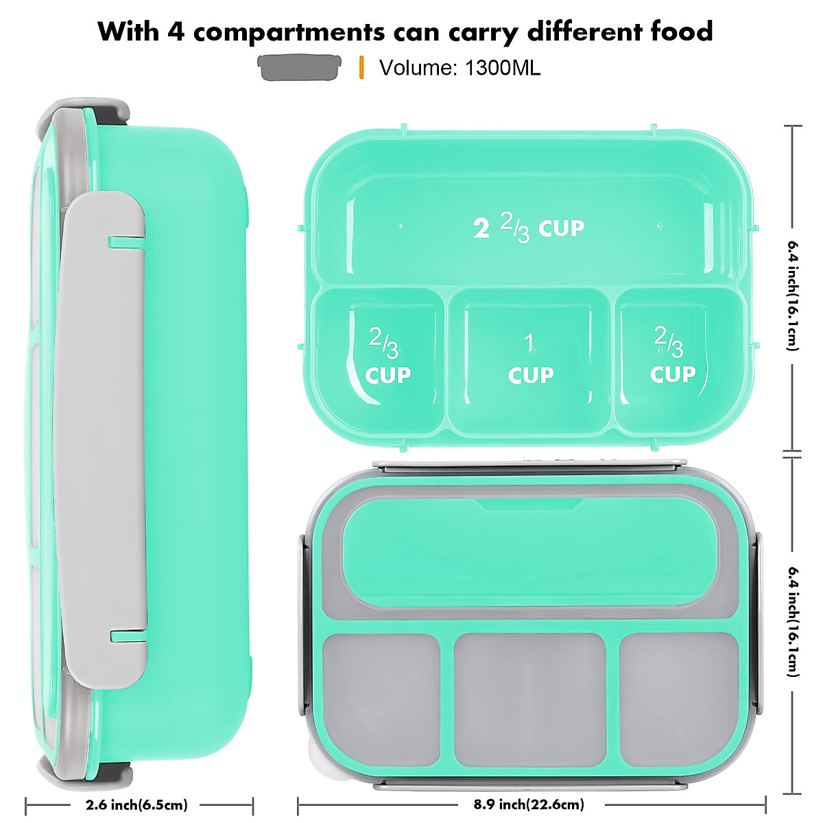 Bento Box, Lunch Box Kids, 1300ML Bento Box Adult Lunch Box with 4 Compartment &Food Picks Cake Cups, Lunch Box Containers for Adults/Kids/Toddler, Leak-Proof, Microwave/Dishwasher/Freezer Safe(Green)