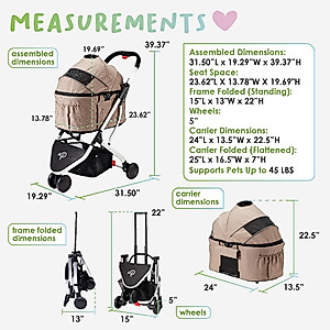 Petique 3-in-1 Newport Pet Stroller (Travel Carrier + Car Seat + Stroller), Easy Trifold/Unfold, 360º Front Rotating Wheel, Small/Medium Dogs, Cats and Pets, Supports up to 45LBS – Champagne (Beige)