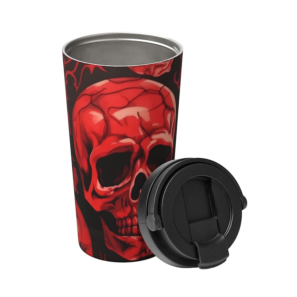 Insulated Coffee Mug Red Skulls 17oz Double Wall Vacuum Stainless Steel Tumbler With Leak-Proof Lid And Handle, Cute Travel Thermos Mug For Cold Hot Drinks