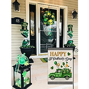 EKOREST Happy St Patrick's Day Garden Flag 12x18 Inch Vertical Double Sided,Buffalo Plaid Truck with Shamrock Balloons Small St. Patricks Day Yard Flag for Outdoor Farmhouse Holiday Outside Decoration