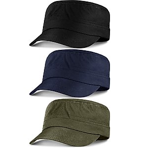 Syhood 3 Pieces Cadet Army Caps Military Army Hat Cotton Fitted Adjustable Twill Flat Caps Solid Color Unisex Cadet Hat Brim for Men Women