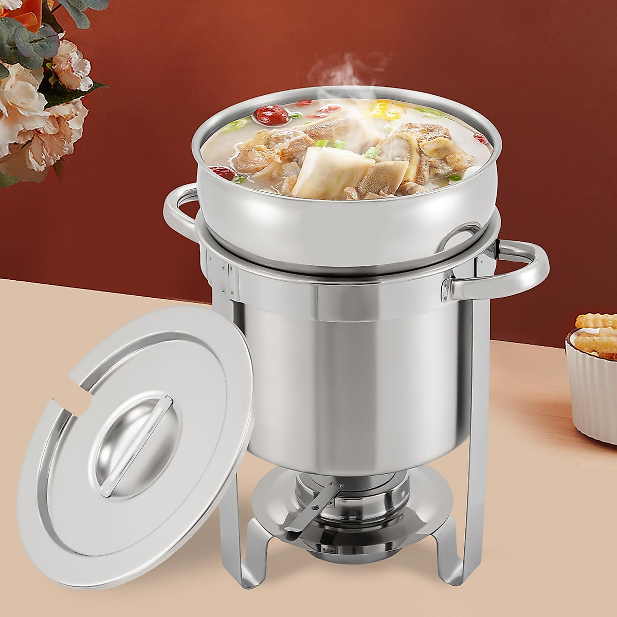 BANLICALI 7L Soup Chafer, 400W Stainless Steel Soup Pot with Electric Heating Plate and Pump, Round Soup Chafer for Catering Parties Events Wedding Silver Adjustable Temperature 50-85℃