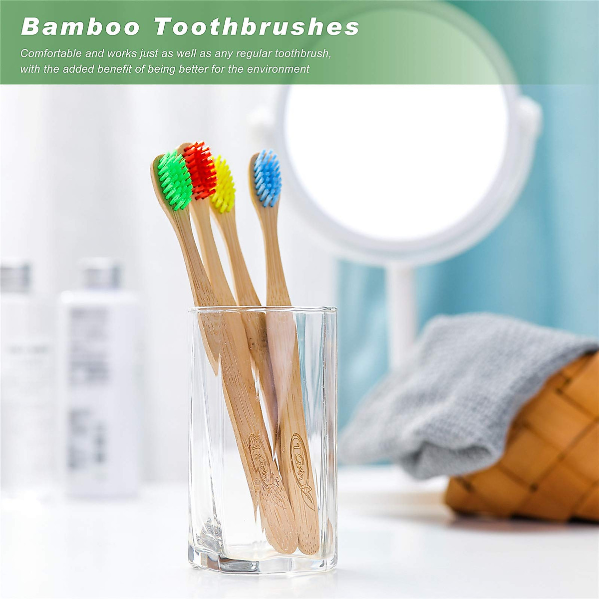 1Grin Bamboo Toothbrush, Wooden Toothbrush, Wooden Handle & Colorful Soft Bristles Heavy Duty Strong Handle Vegan Eco Friendly Natural Organic Non Plastic Zero Waste (Individually Packed 4 pcs)