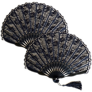 Pack of 2 Lady Ladies Decorative Vintage Hand-Held Black Flower Lace Folding Fans, Retro Style Bamboo Hand Fan, Dancing Party Accessories