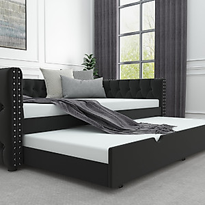 KINFFICT Velvet Full Daybed with Twin Trundle, Modern Upholstered Full Size Day Bed Button-Tufted Sofa Daybed Frame with A Roll-Out Trundle (Black)