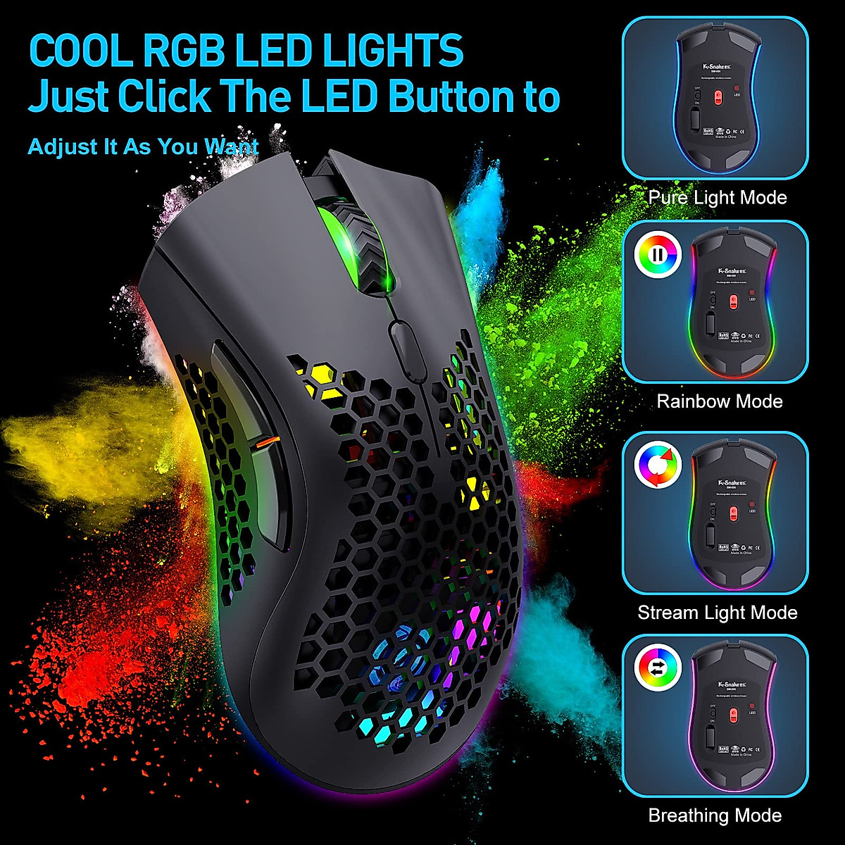HETOETF Wireless Gaming Mouse,Double Mode 2.4G/Bluetooth Mouse Gaming,Honeycomb Shell,Adjustable DPI,RGB Backlit,Rechargeable Computer Mouse for Laptop,PC,Mac