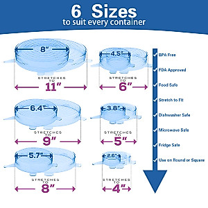 YAZJIWAN Silicone Stretch Lids, Durable & Eco-Friendly Elastic Lids Reusable Heat Resistant Various Sizes Cover for Bowl (Blue-6pack)