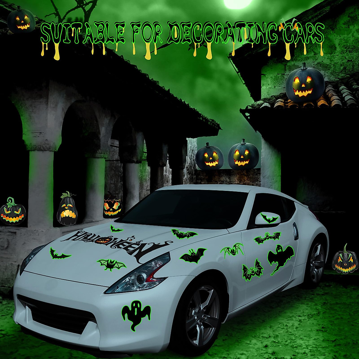 28 Pcs Halloween Garage Door Decorations Magnets Black Bats Glow in The Dark Garage Door Magnets Luminous Pumpkin Bat Automotive Magnetic Decorations Halloween Car Reflective Magnet for Party Decor