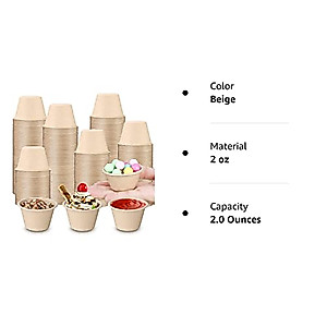 Romooa 300 Pieces Bagasse Fiber Souffle Cups Mini Paper Disposable Condiment Food Sample Small Sauce Container Portion Bowls Dipping for Snack Dessert Storage (2 oz), Beige