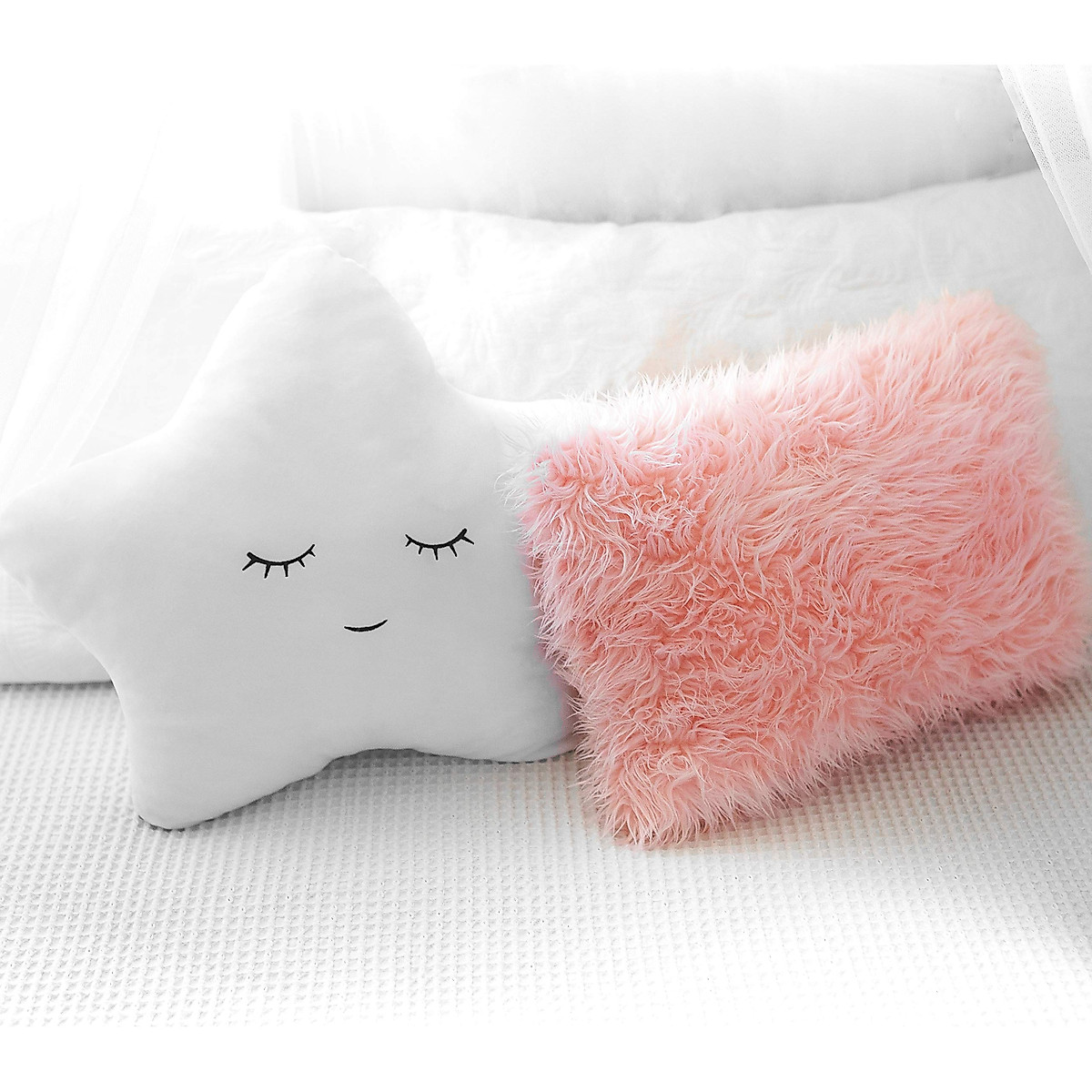 Set of 2 Decorative Pillows for Girls, Toddler Kids Room. Star Pillow Fluffy White Embroidered and Furry Pink Faux Fur Pillow. Soft and Plush Girls Pillows – Throw Pillows for Kid’s Bedroom Décor