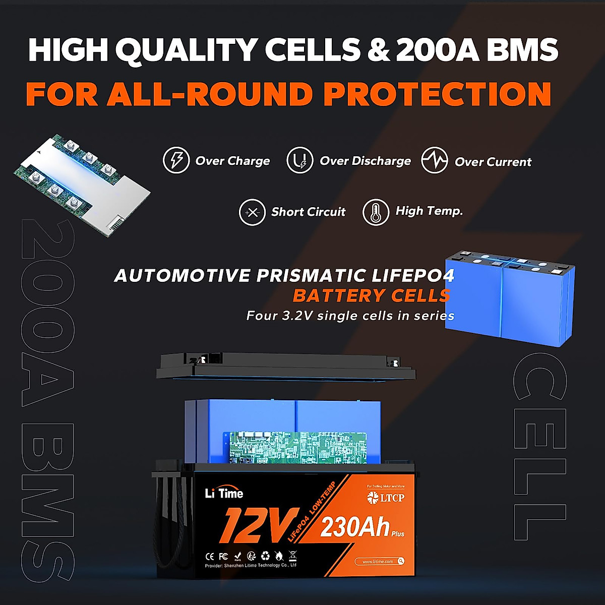 LiTime 12V 230Ah Plus Low-Temp Protection LiFePO4 Battery Built-in 200A BMS, Max 2944Wh Energy, Lithium Iron Phosphate Battery Perfect for Trolling Motors, Yacht, Marine, Boat, RV, Home Energy
