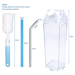Bac-kitchen 2 Pack 17oz Milk Carton Water Bottle - Clear Square Milk Bottles BPA Free Portable Water Bottle with Straw and Bottle Brush for Outdoor Sports Travel Camping Activities