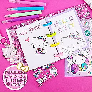Hello Kitty DIY Glitter Micro Journal by Horizon Group USA, 40+ Stationery Accessories Including Hello Kitty Stickers, Surprise Keychain, Interchangeable Binder Discs, Squishy Glitter Cover & More