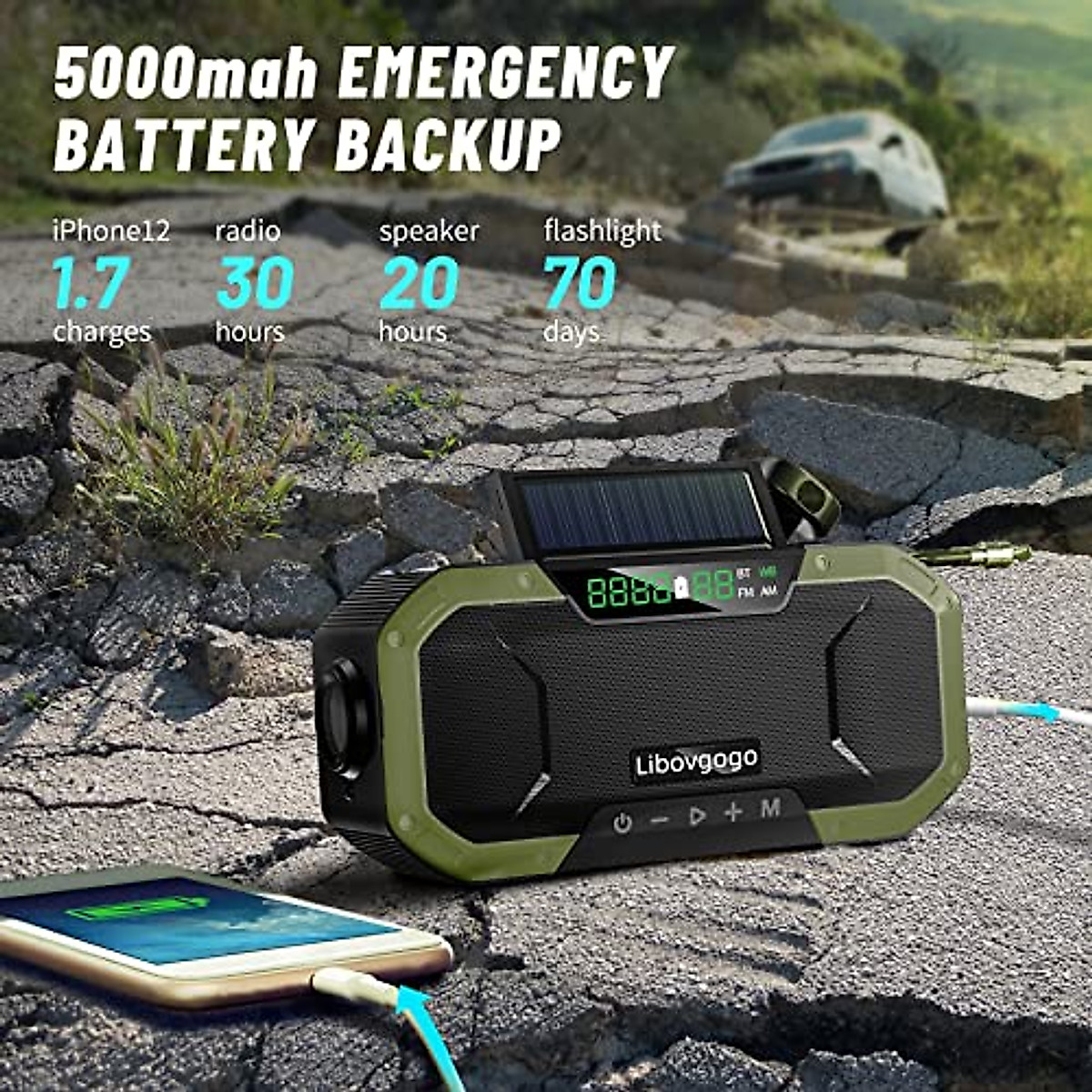 Emergency Radio Waterproof Bluetooth Speaker,Portable Digital AM FM Radio with Flashlight,Reading Lamp,Hand Crank NOAA Weather Radio with Solar Panel,5000mAH Cell Phone Charger,Emergency Survival Kit