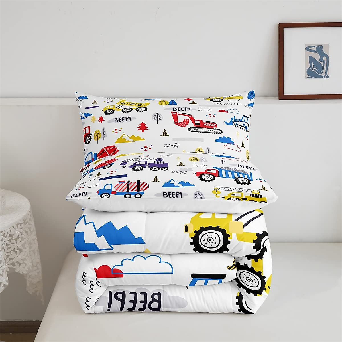 Kids Construction Truck Comforter Twin Size Boys Cartoon Cars Bedding Set Machinery Excavator Tractor Equipment Comforter Set 2Pieces Cute Vehicles Red Blue Yellow Quilt with 1 Pillowcase Boys