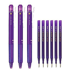 Pilot FriXion Ball Knock Retractable Erasable Gel Ink Pens, Extra Fine Point 0.5mm, Violet Ink, 3 Pens & 6 Refills Value Set