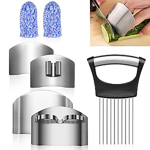 7PCS Finger Guards for Cutting Food - Stainless Steel Knife Cutting Finger Protector, Onion Holder for Slicing, Finger Cots, Thumb Guard Peelers, Onion Slicer, Knife Guard, Kitchen Tool