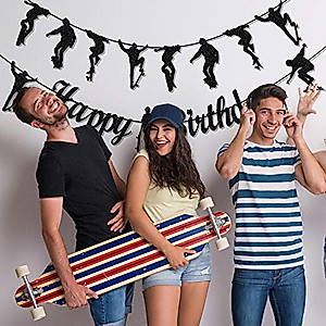 9 Pieces Skateboard Theme Happy Birthday Party Decorations Skateboard Happy Birthday Banner Black Silhouette Cupcake Toppers Skateboard Theme Party Supplies for Boys Girls Adults
