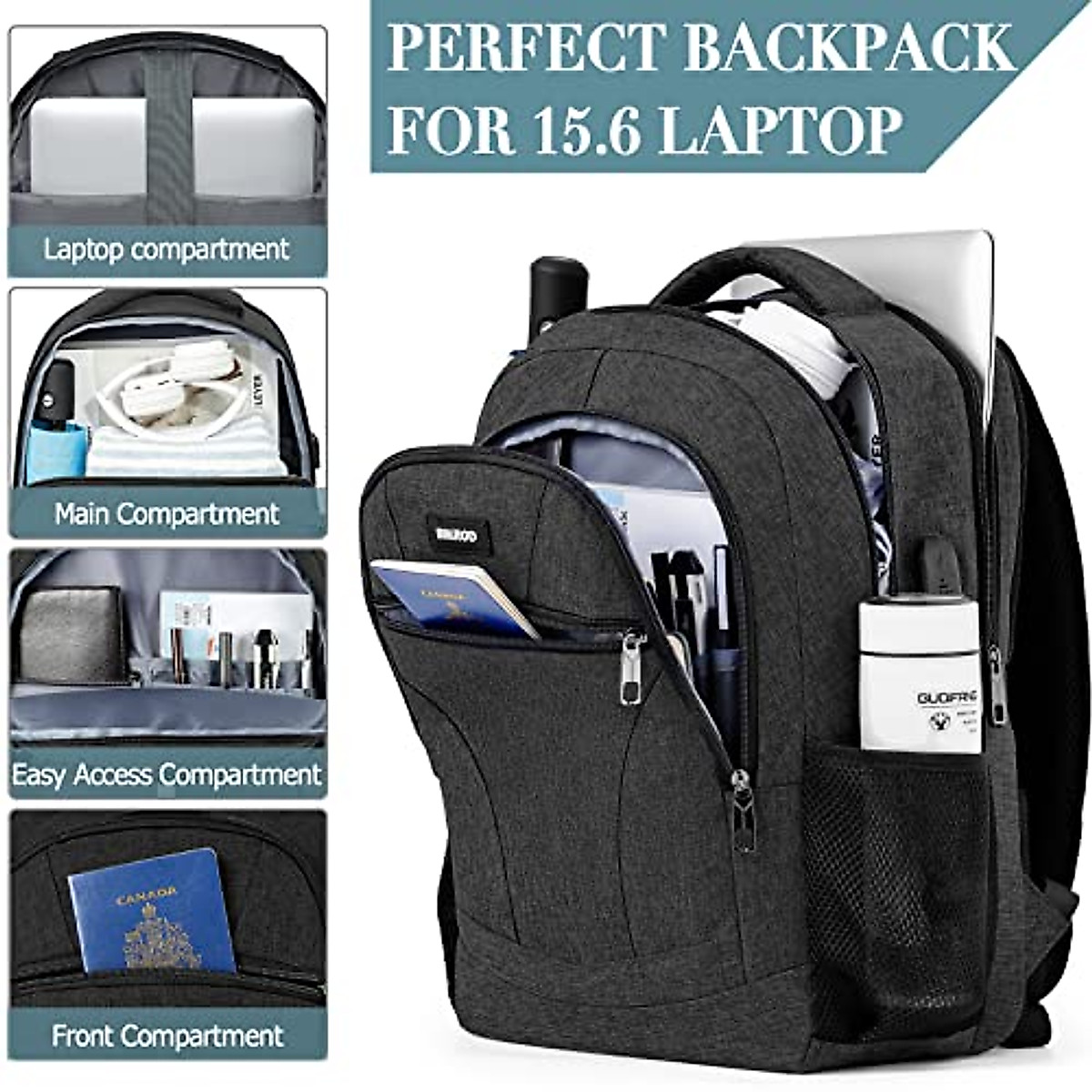 Backpack for Men, Backpacks for School Teen Boys Colleges Water Resistant Back Pack with USB Charging Port, Business Anti Theft Durable Computer Bag Gifts Fits 15.6 Inch Laptop, Black