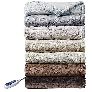 Beautyrest Zuri Reversible Faux Fur to Mink Electric Blanket, Auto Shut Off, Virtually Zero EMF, Multi Heat Setting, UL Certified, Machine Washable, Tan Tip Dye Throw 50x70"