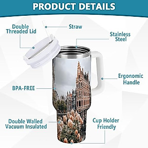 ODAWA Amsterdam Roses Street Insulated Coffee Tumbler with Lid and Straw Thermal Cups for Hot and Cold Drinks 40 Oz Stainless Steel Coffee Mug