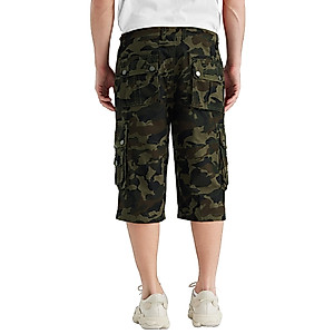 BEST SOUTH Men's Capri Long Twill Cargo Shorts below Knee 13 Inches Cotton Relaxed Fit Casual Multi-Pocket Army Green Camo 36