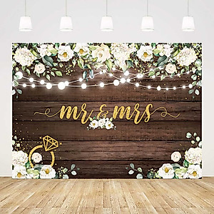 AIBIIN 7x5ft Mr & Mrs Backdrop for Wedding Bridal Shower Rustic Wooden White Flowers Photography Background Wedding Bachelorette Party Decirations Banner Photo Booth Props