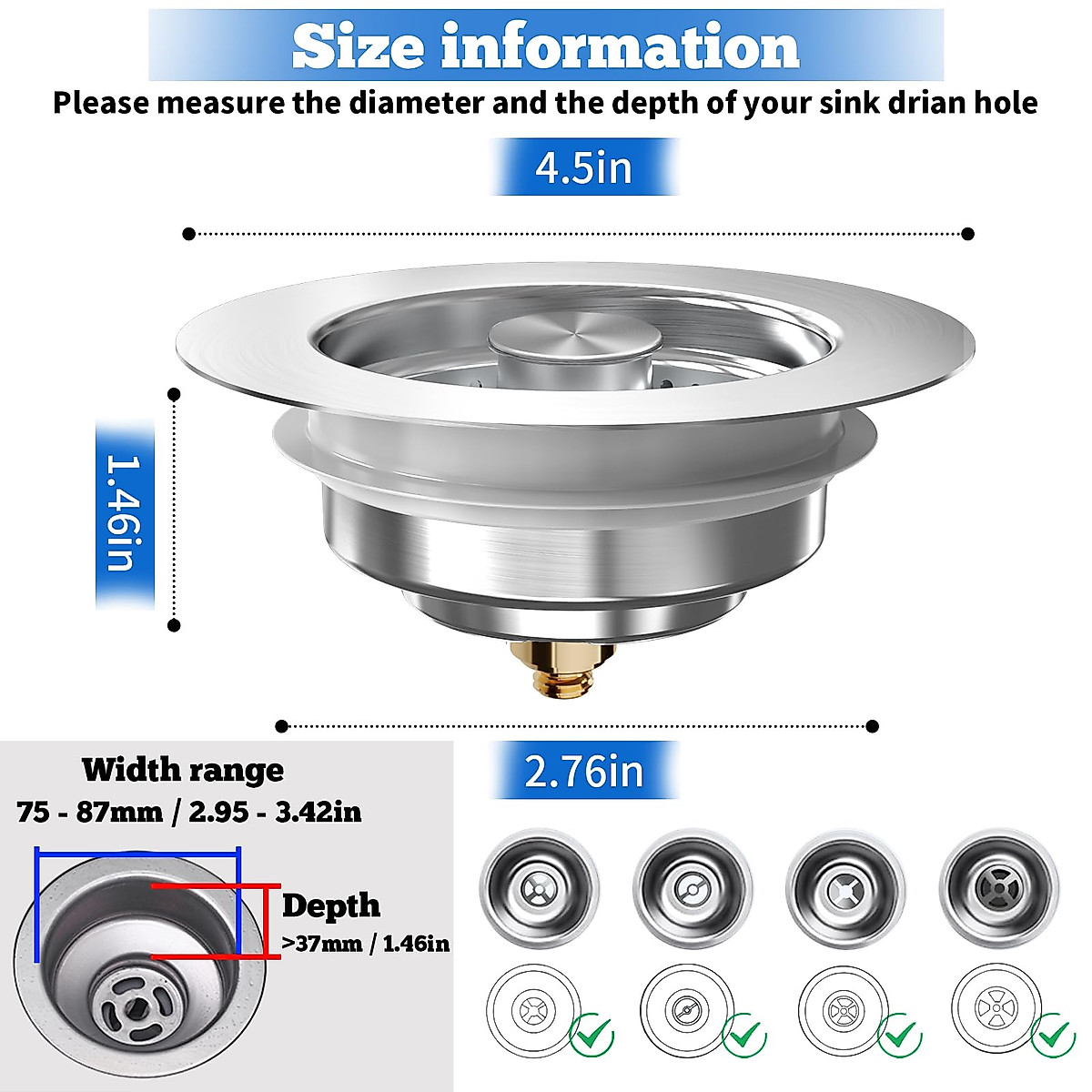 3 in 1 Kitchen Sink Drain Strainer Stopper, Brushed Stainless Steel SUS 304 Pop Up Sink Drain Stopper for Standard 3-1/2 Inch Drain Anti-Clogging Odor Prevention