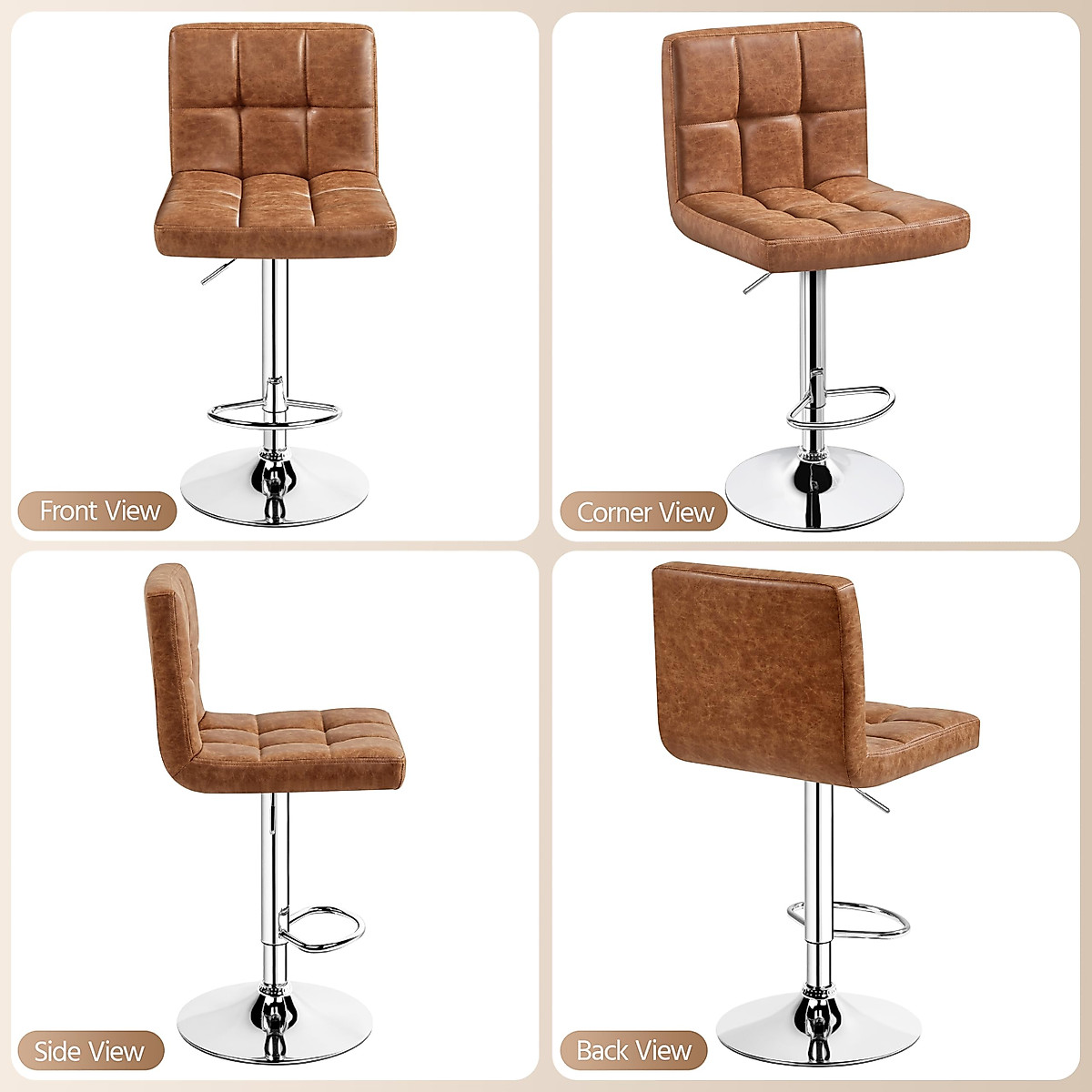 Yaheetech Bar Stools Set of 2, PU Leather Swivel Barstools, Height Adjustable Counter Chairs, Modern Stools with Back for Bar Kitchen Island Dining Room, Retro Brown