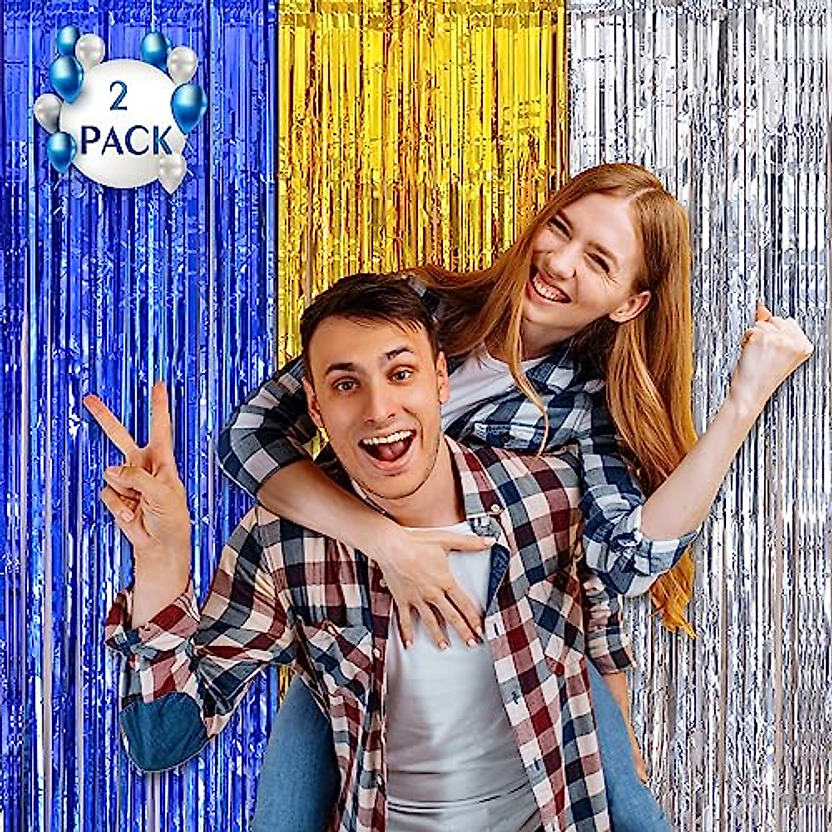 LOLStar 2 Pack Navy Blue Gold and Silver Party Decorations 3.3X6.6 ft Each Foil Fringe Tinsel Curtains Backdrop, Streamers - Perfect for Birthdays, Showers, Retirement， Graduations, Weddings