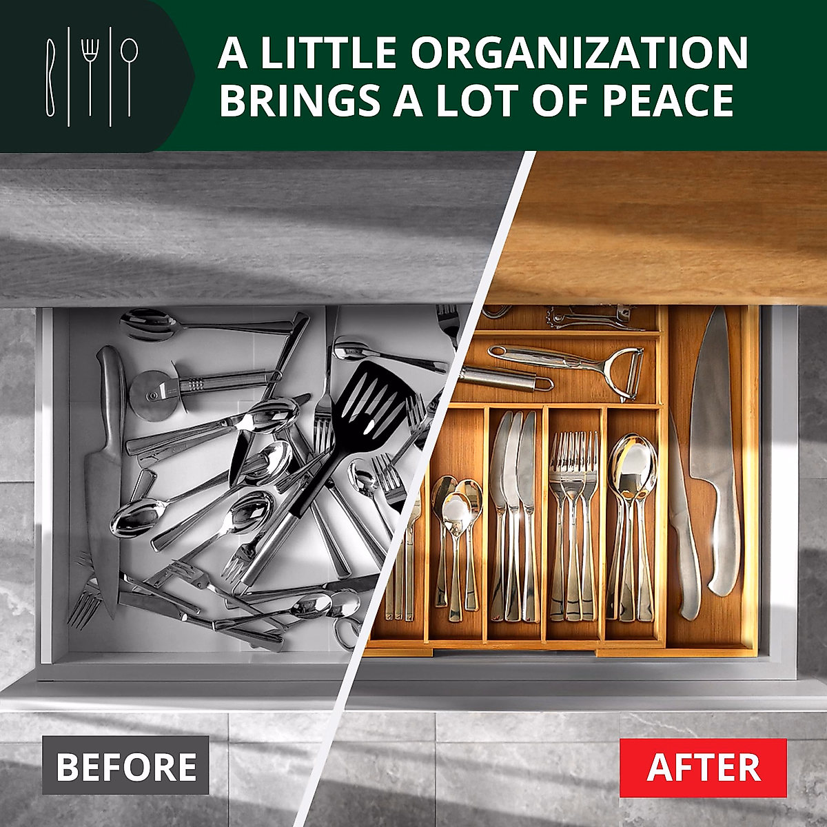 Luxury Bamboo Kitchen Drawer Organizer - Silverware Organizer - Utensil Holder and Cutlery Tray with Grooved Drawer Dividers for Flatware and Kitchen Utensils (9 Slot, Natural)