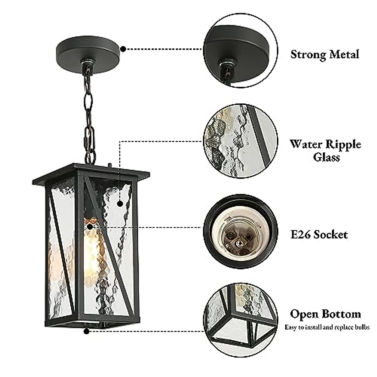 Outdoor Pendant Light Fixture, Farmhouse Exterior Hanging Lights with Water Ripple Glass, Black Ceiling Outdoor Rectangle Hanging Lantern Light for Front Door, Entry, Porch, and Gazebo