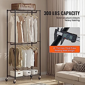 VEVOR Heavy Duty Clothes Rack, Double Hanging Rods Clothing Garment Rack with Bottom and Top Storage Tier, Rolling Clothing Rack for Hanging Clothes, 1'' Diameter Thicken Steel Tube Hold Up to 300Lbs