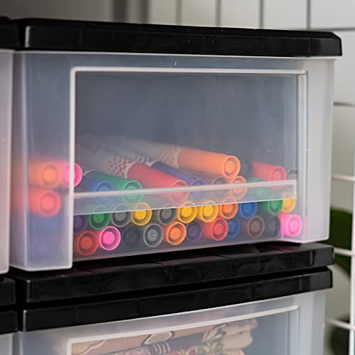 IRIS USA 7 Qt. Plastic Stackable Storage Drawers, Small, 4 Pack, Multi-Purpose Bins for Bedroom, Bathroom, Closet, Craft Room, Garage, Kids Room, Office, Pantry, Under Sink, Black