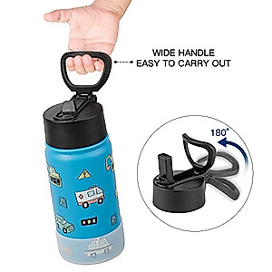 SEMOZOZO Water Bottle with Straw, Kids Water Bottle with Wide Rotating Handle Straw Lid, Wide Mouth Vacuum Insulated Stainless Steel Water Bottle for school ，The blue car