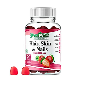 Greenfield Nutritions - Halal Biotin Gummies Vitamin for Hair, Skin and Nails, Supports Fat Metabolism, Hair Growth, Strong Nails & Clear Skin, Gelatin Free, Non-GMO, and Gluten Free - 90 Gummies