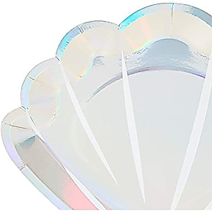 Sparkle and Bash 48 Pack Holographic Seashell Paper Plates for Girls Mermaid Birthday Party Supplies - 9 Inch Silver Foil Sea Shell Plates