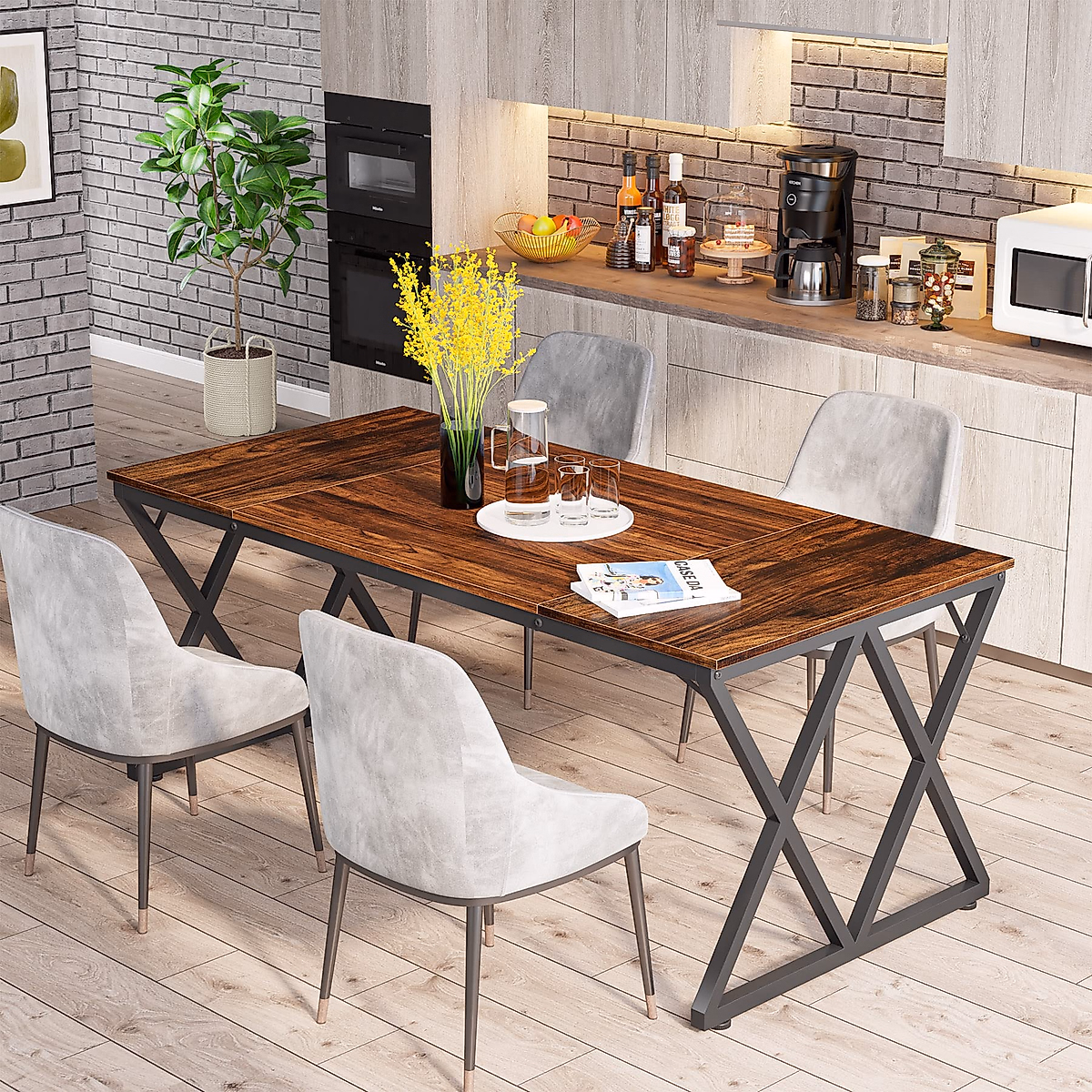 Tribesigns Dining Table for 6, Industrial 70.87 Inch Dining Room Table with Heavy Duty Metal Frame, Wooden Rectangle Kitchen Table for Dining Room, Kitchen, Home Furniture, Rustic Brown