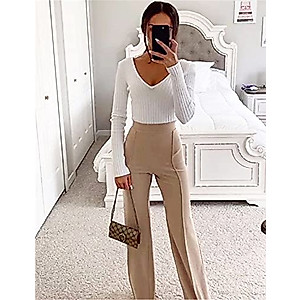 FANCYINN Womens Casual Bootcut Ease Into Pants Stretchy Bell Bottom Flare Palazzo with Tummy Control Trousers Khaki XL