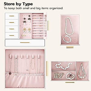 HOOBRO Jewelry Box with Glass Window, Large Capacity Jewelry Organizer, Jewelry Storage, Portable Jewelry Organizer Box, Modern Style, White and Light Gold WT05JB04