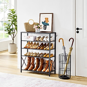 Tajsoon 5 Tier Shoe Rack Organizer for 16-20 Pairs of Shoes, Front Door Shoe Rack with 2 Hooks, Metal Mesh Shoe Shelf for Entryway, Shoe Storage with X Shape Fixed Frame, Rustic Brown & Black
